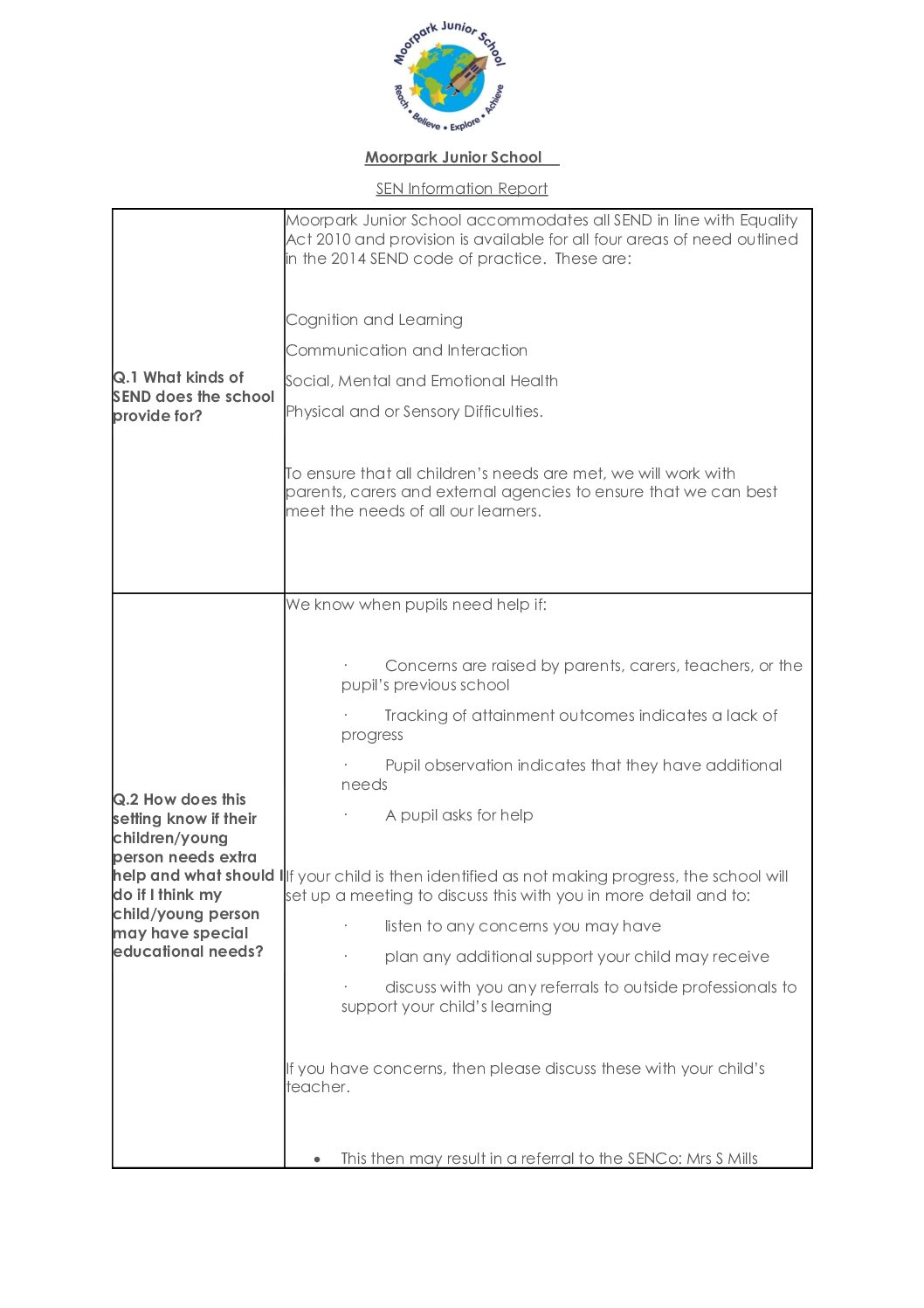 SEN Information Report | Moorpark Junior School
